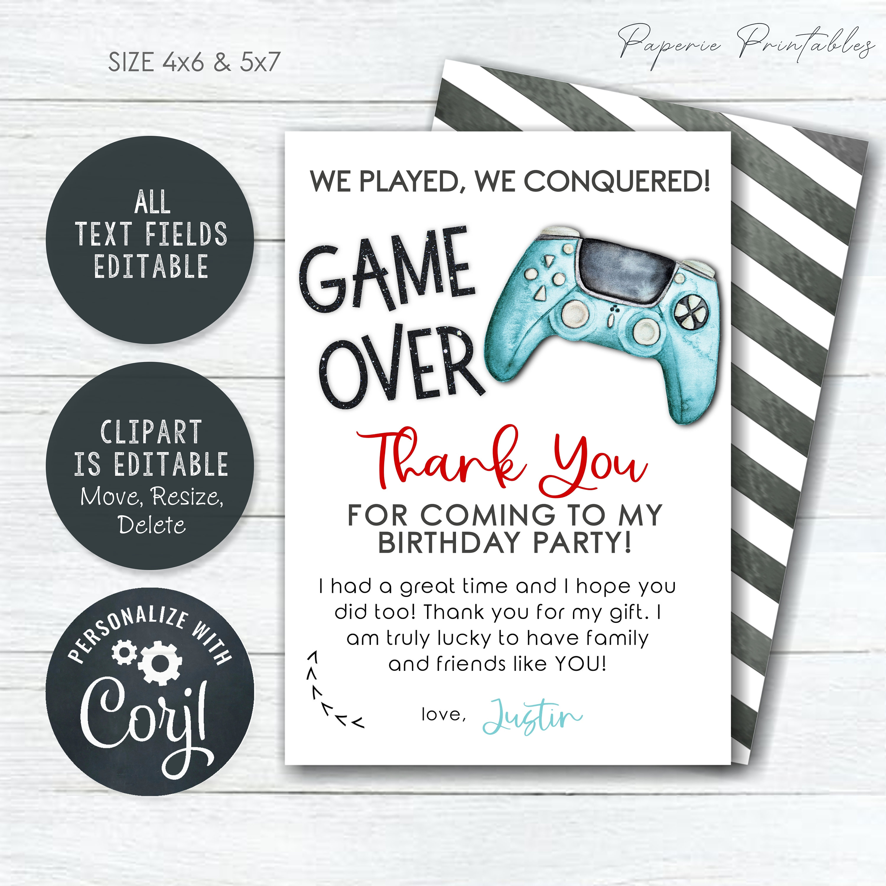 EDITABLE Gaming Birthday Thank You Card Video Game Birthday - Etsy Canada