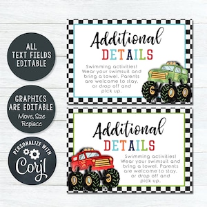 Editable Monster Truck Birthday Insert Cards, Additional Details ...