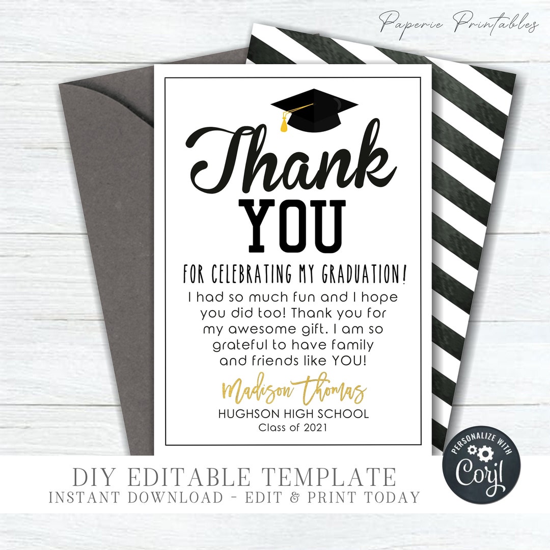 EDITABLE Graduation Thank You Card - Gold Foil Thank You Graduation ...