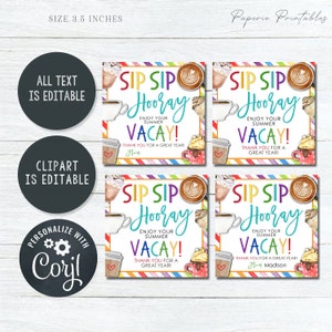 EDITABLE Teacher Appreciation Tag, Sip Sip Hooray Teacher Appreciation ...