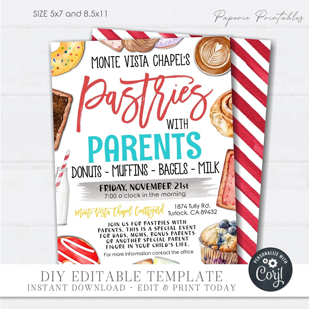 Pastries With Parents Flyer: Editable Breakfast Invitation (5x7 & 8 ...