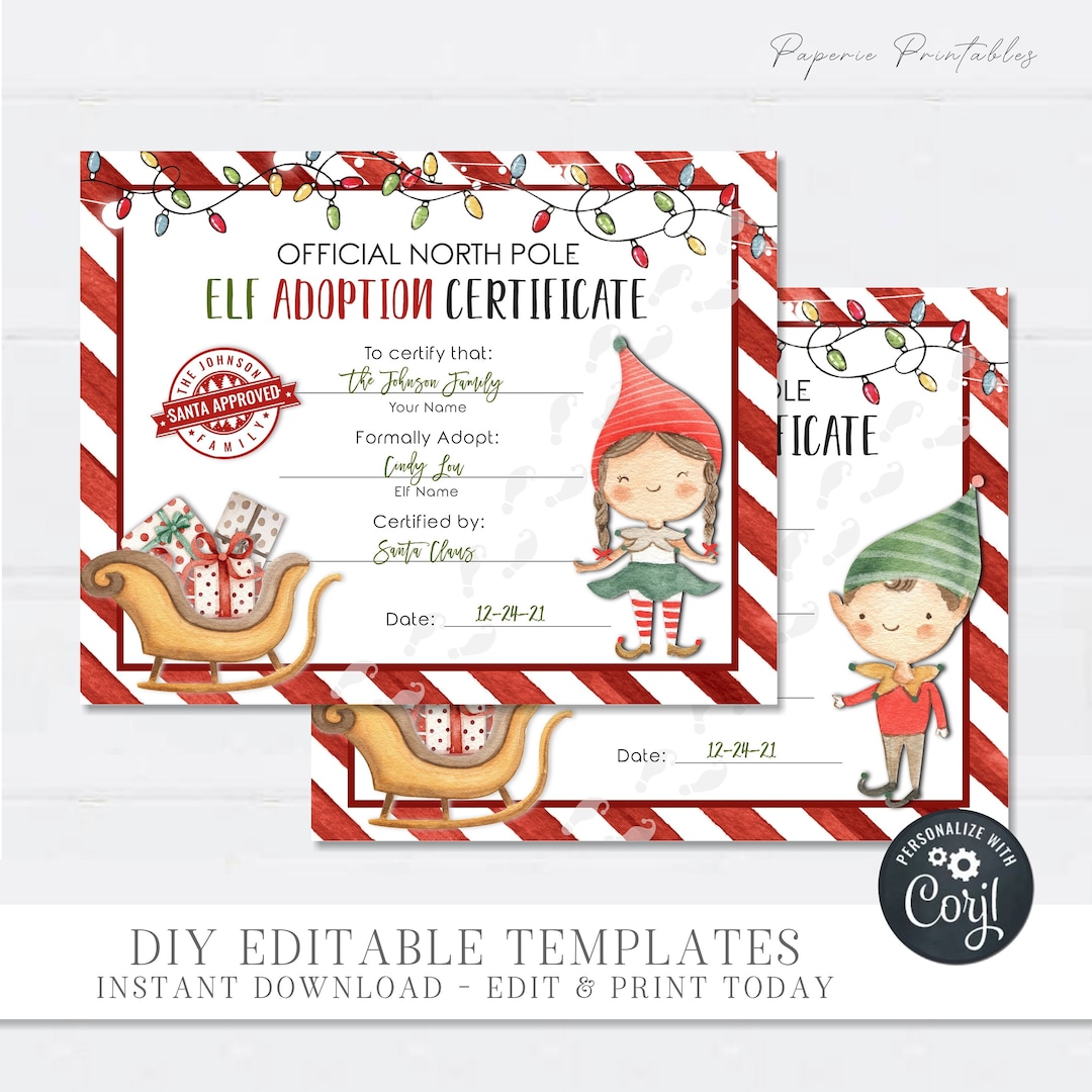 EDITABLE Elf Adoption Certificate Santa Approved Elf Adoption ...