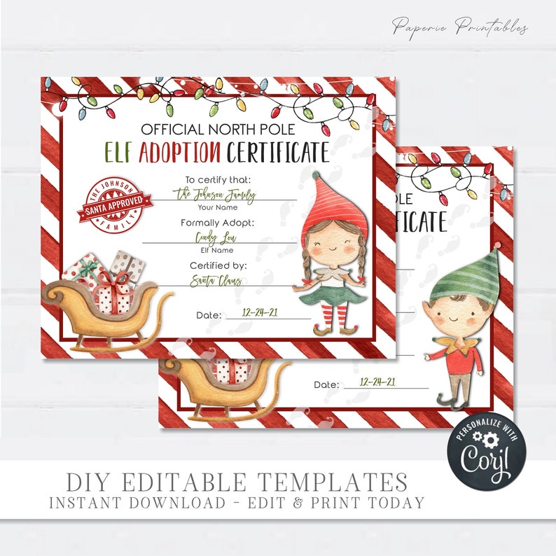 EDITABLE Elf Adoption Certificate Santa Approved Elf - Etsy