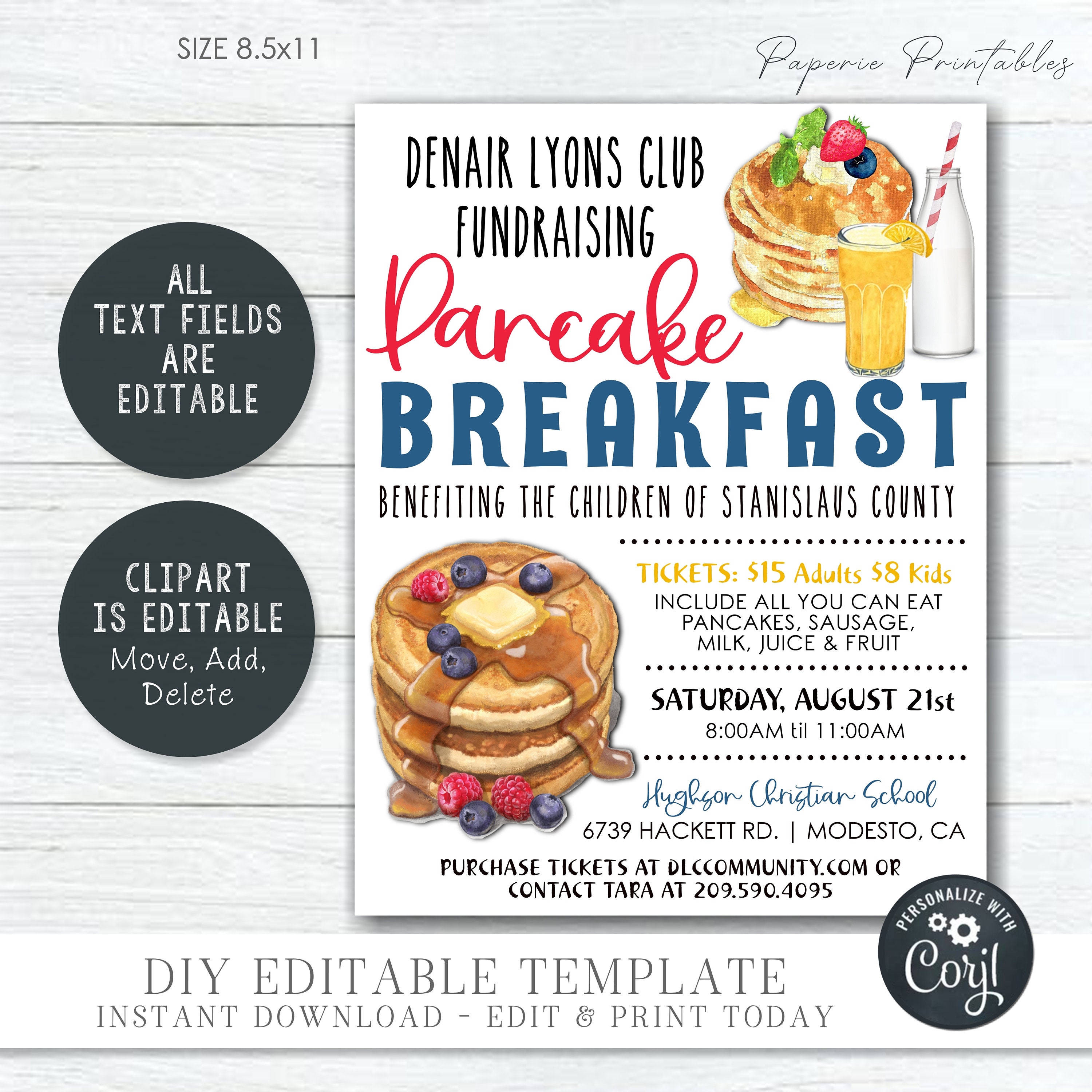 EDITABLE Pancake Breakfast Fundraiser Pancake Breakfast Flyer - Etsy