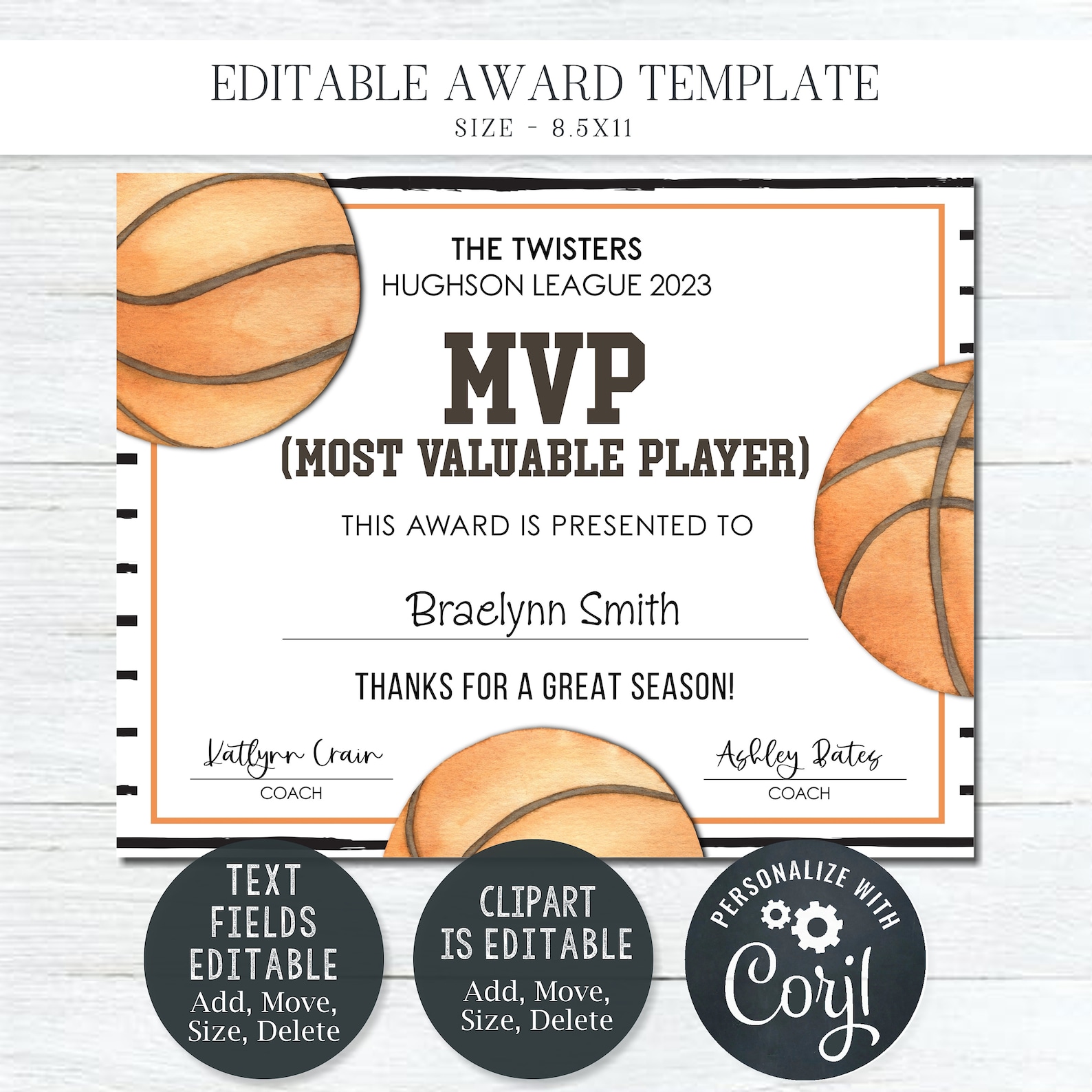 Editable Basketball Award Certificates: Team Awards (DIY With Corjl) - Etsy