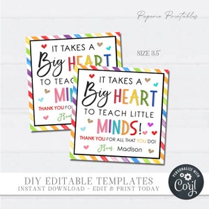 EDITABLE Thank You Teacher Appreciation Tag, Take BIG Heart Teach ...
