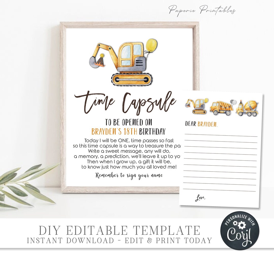 EDITABLE First Birthday Time Capsule, Construction Birthday Game ...
