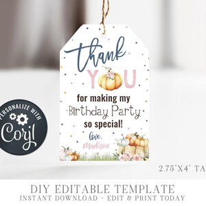 EDITABLE Fall Birthday Party Favor Tags - Girl Pumpkin Birthday Party ...