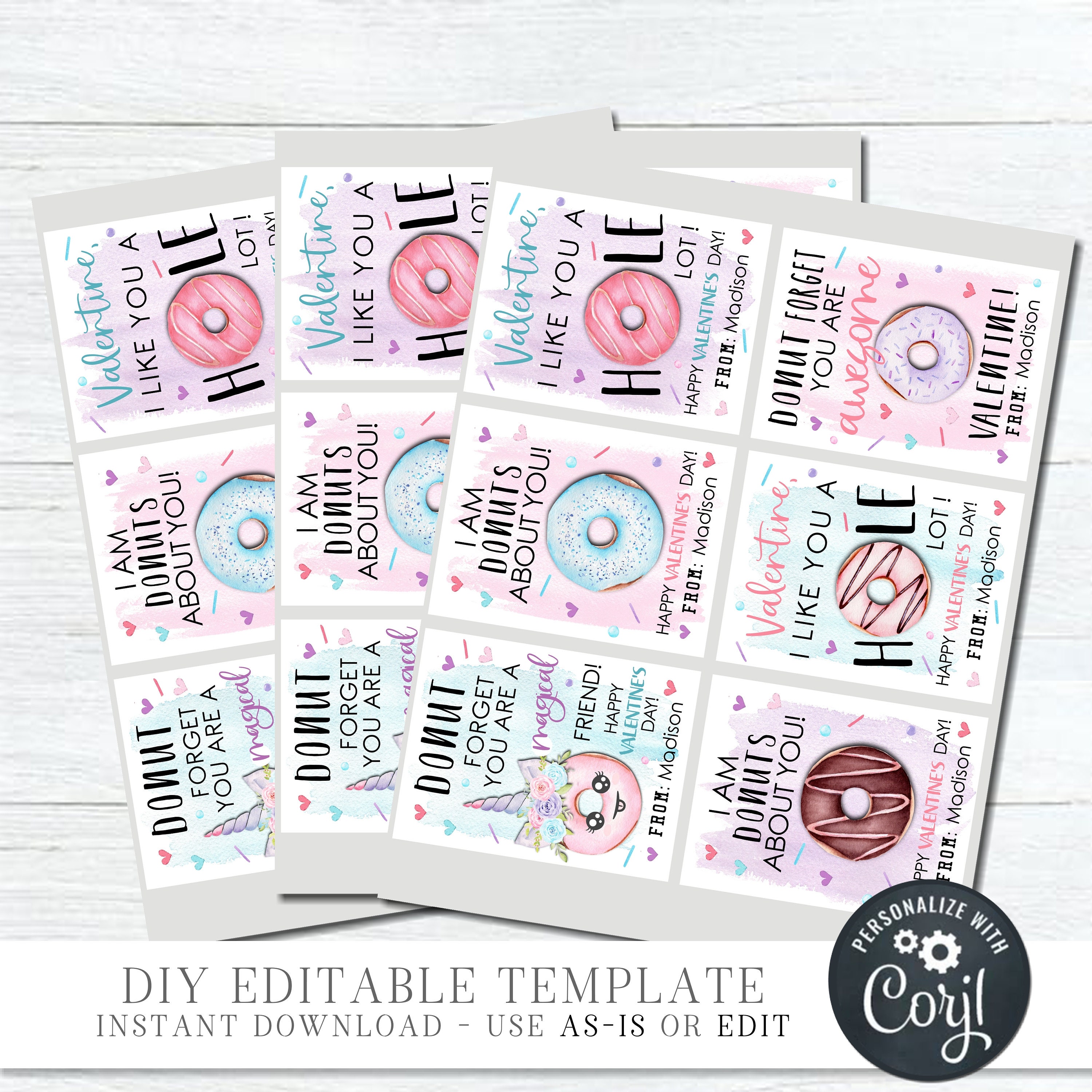 EDITABLE Donut Valentine Cards Kid Valentine Cards School - Etsy