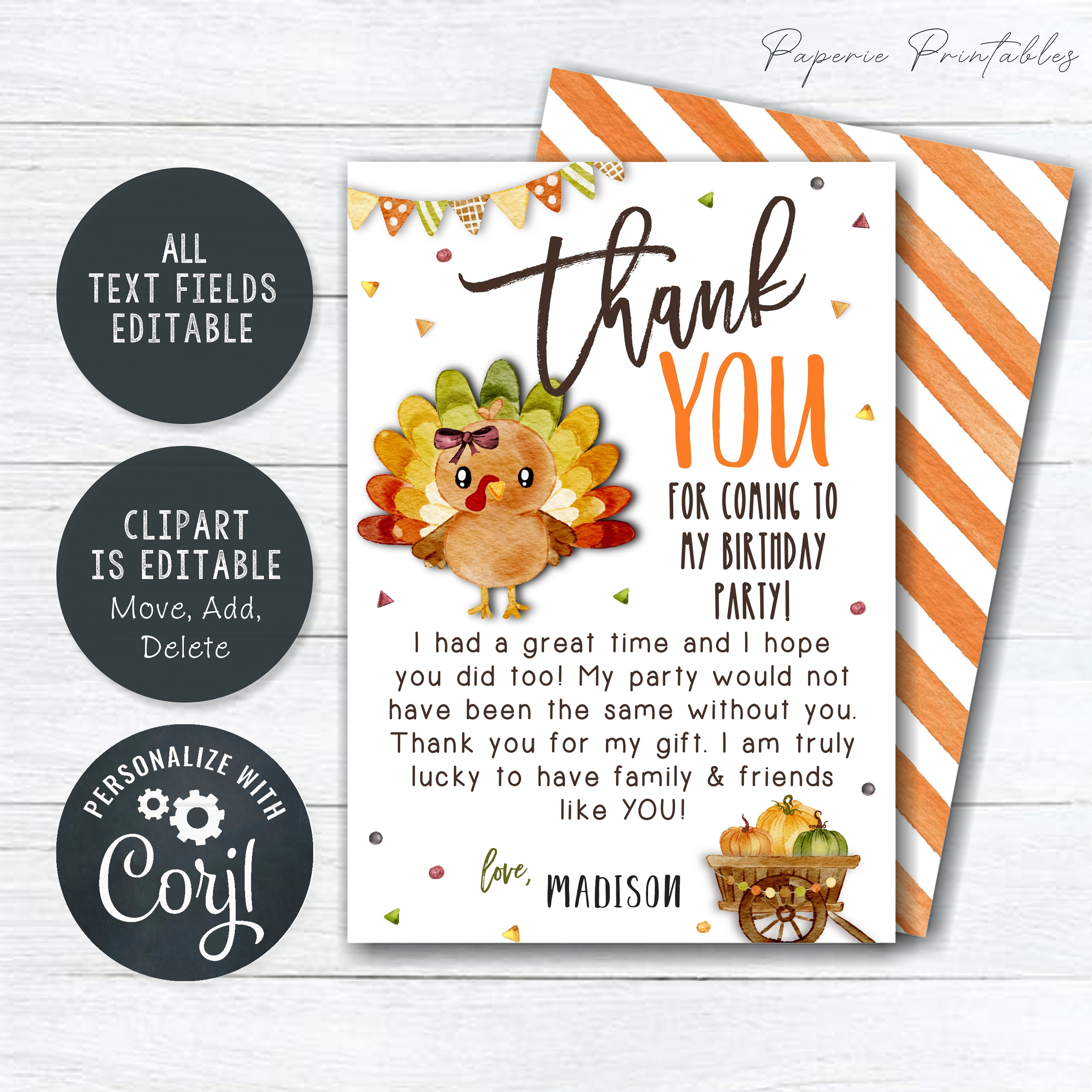 EDITABLE Little Turkey Birthday Thank You Card Thanksgiving - Etsy