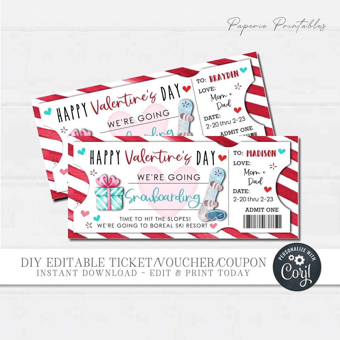 EDITABLE Snowboarding Trip Ticket Valentine Gift, Valentine Gift Coupon ...