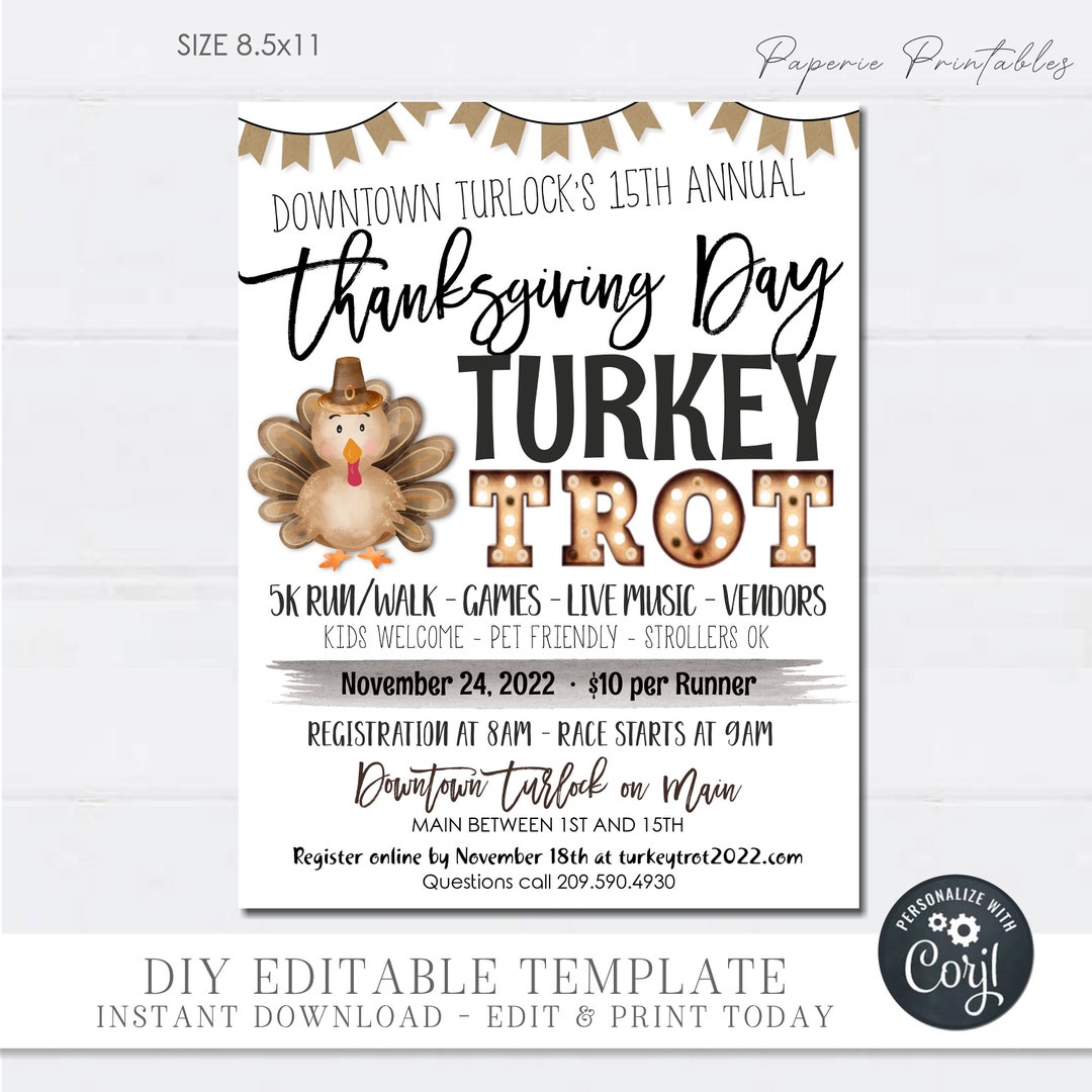 Editable Turkey Trot Flyer: Thanksgiving Day Run Event (DIY Corjl) # ...