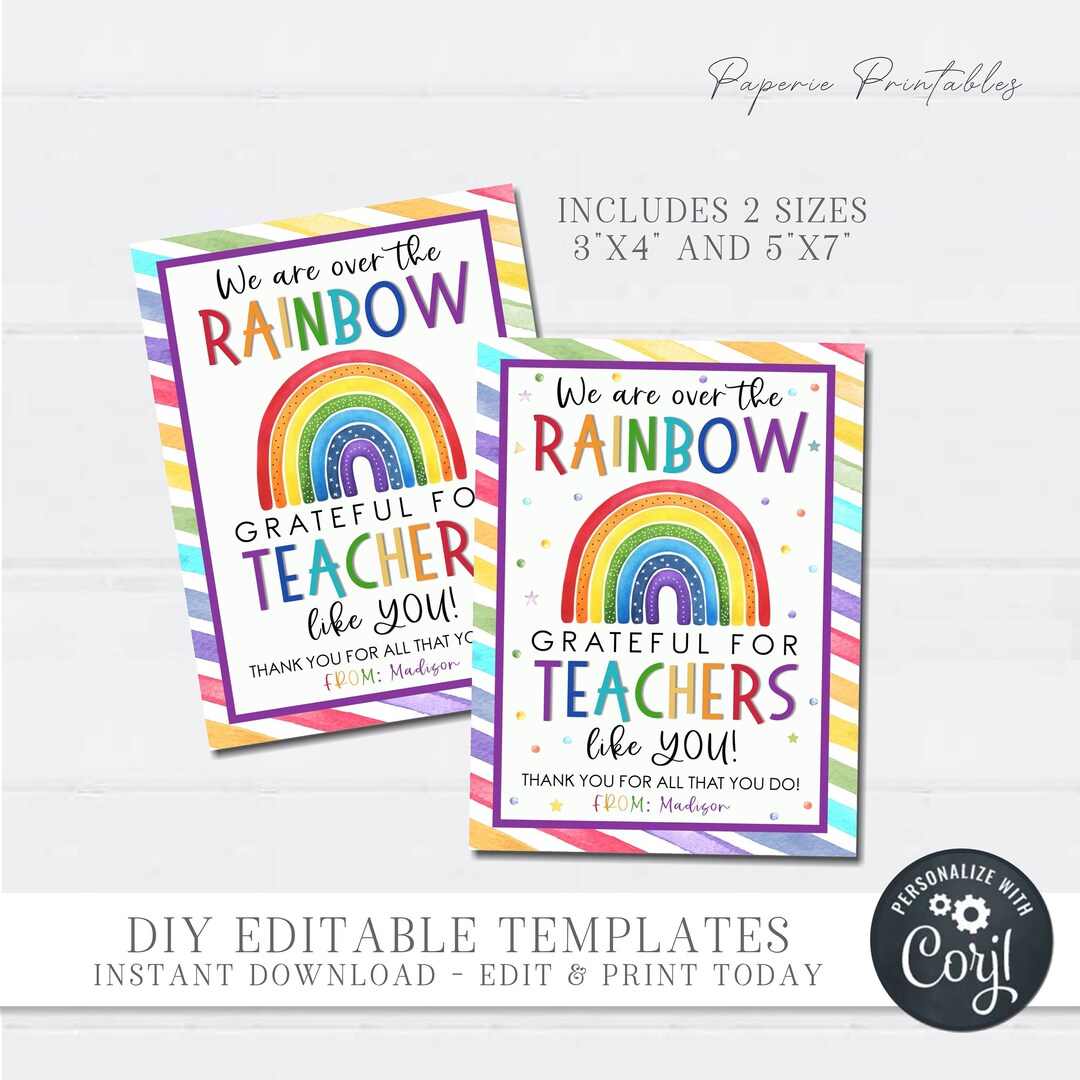 EDITABLE Rainbow Teacher Appreciation Gift Tag, Grateful Teacher Tag ...