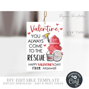 EDITABLE Fire Fighter Valentine Cards, Kid Valentine Cards, School ...