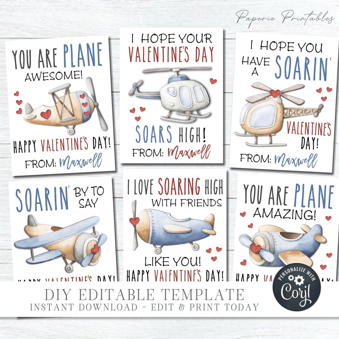 Editable Airplane Valentine Cards: Kids Printable Tags (DIY Corjl) - Etsy