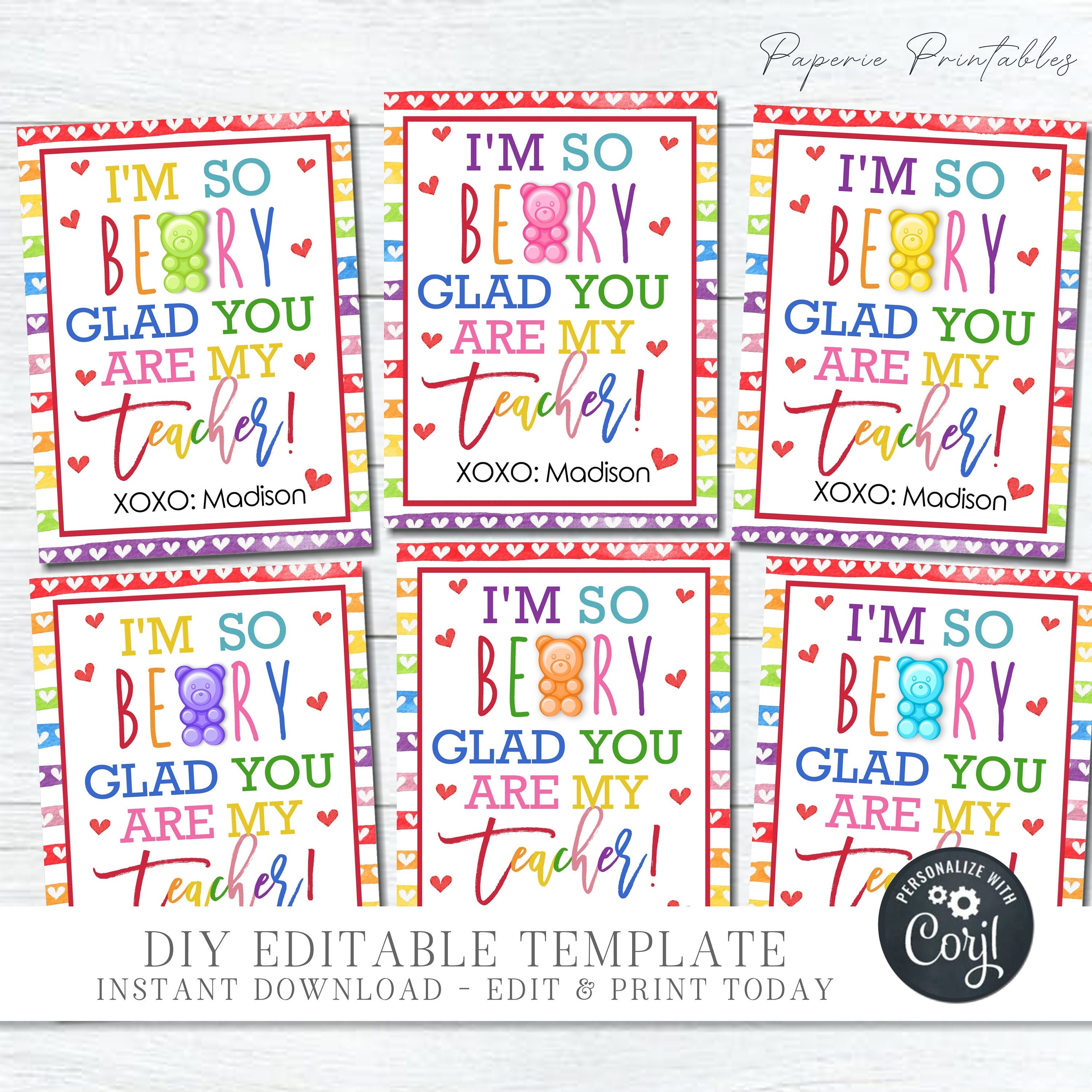 Editable Teacher Valentine Tags Gummy Bear Valentine Tags - Etsy