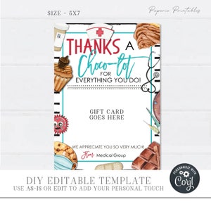 EDITABLE Nurse Appreciation Gift Card Holder, Thanks a Choco-lot for ...