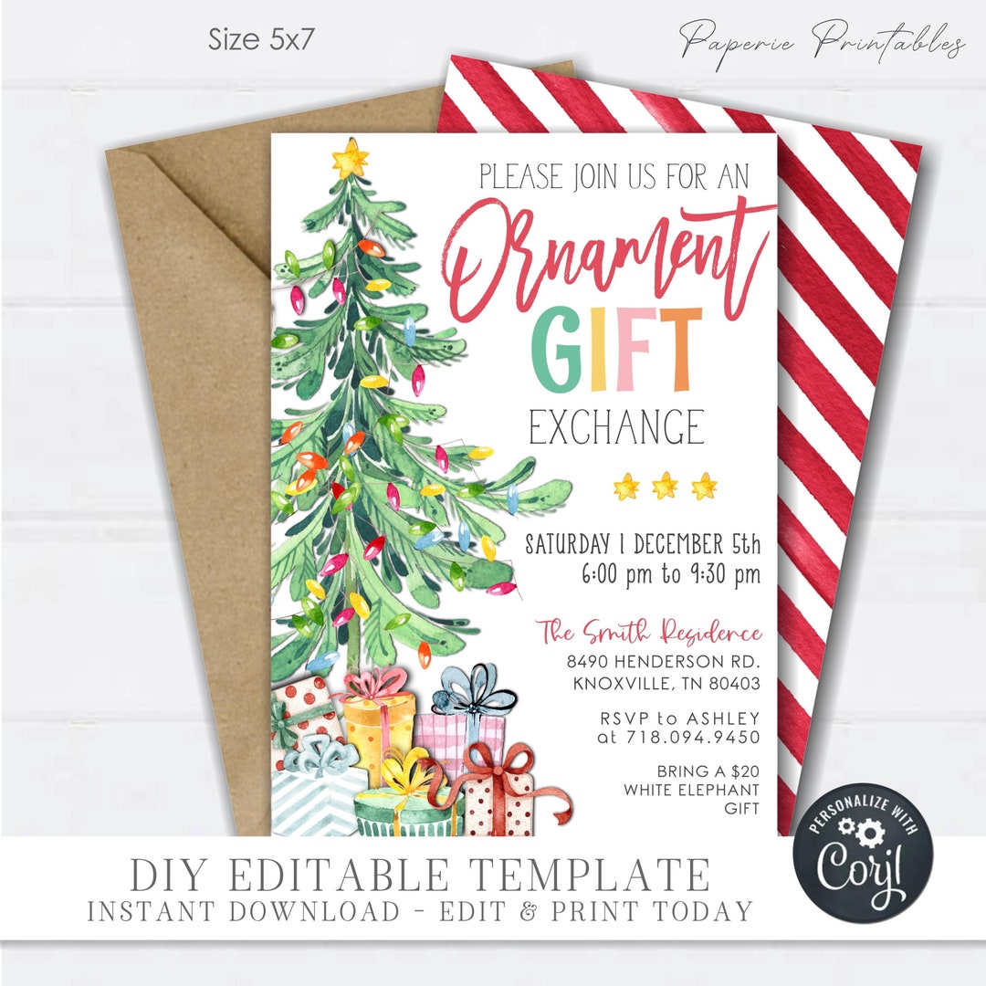 Editable Ornament Exchange Invitation: DIY Christmas Party (5x7 ...