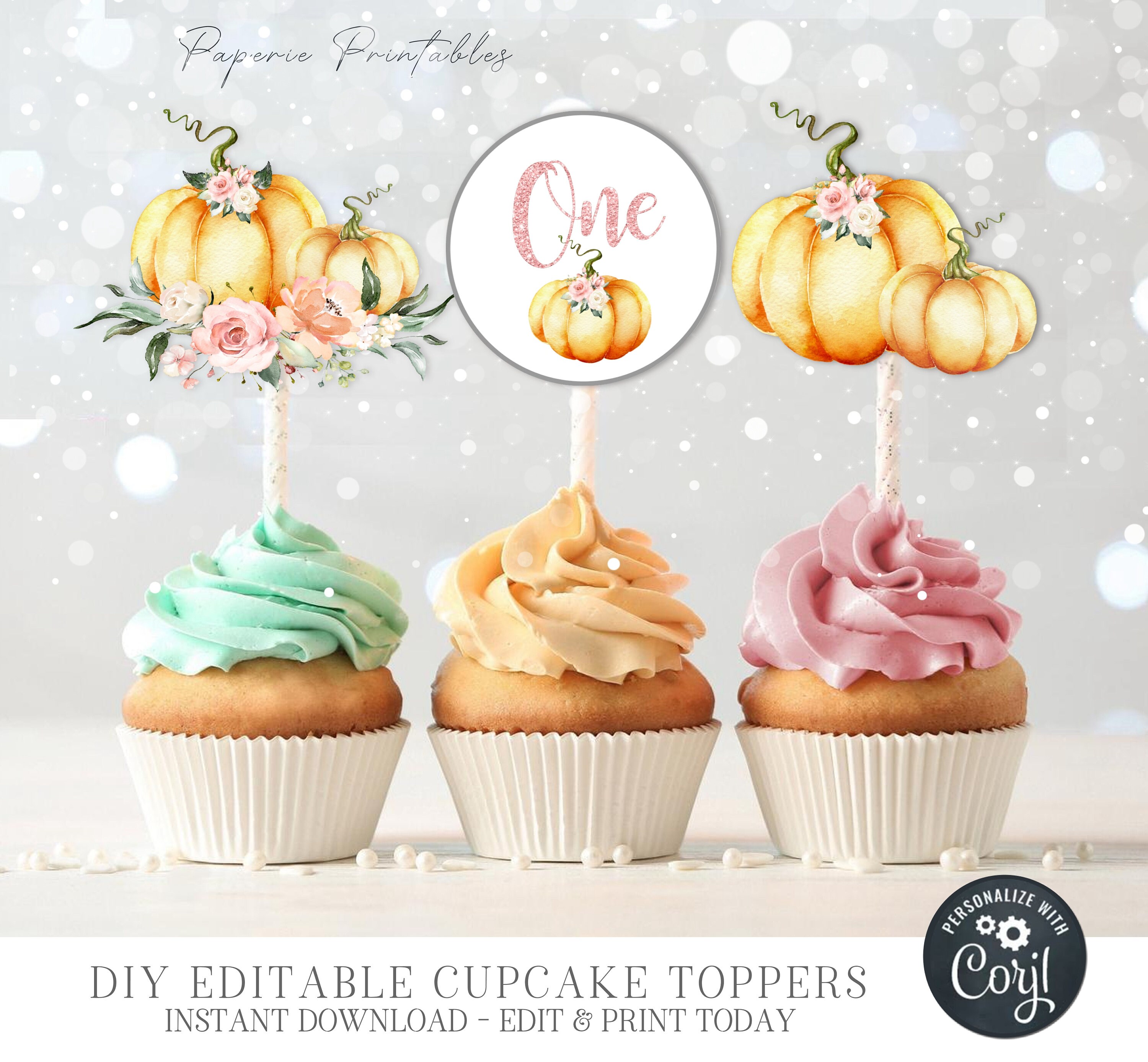 EDITABLE Pumpkin Birthday Party Cupcake Toppers Girl Cupcake - Etsy