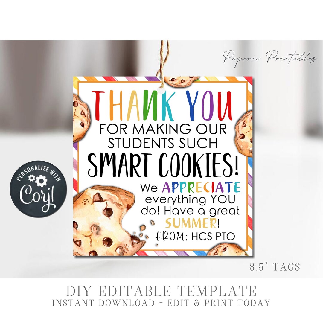 EDITABLE End of School Cookie Teacher Gift Tag, Thank You Teacher ...
