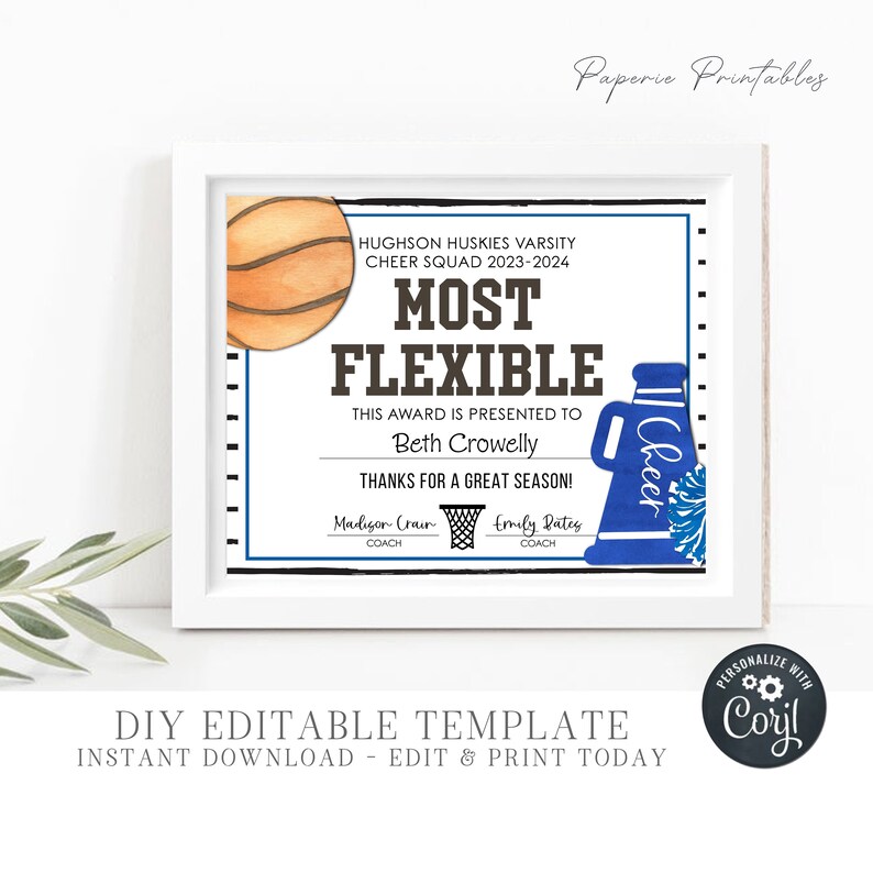 Editable Cheerleading Award Certificates: Blue & White (DIY Corjl ...