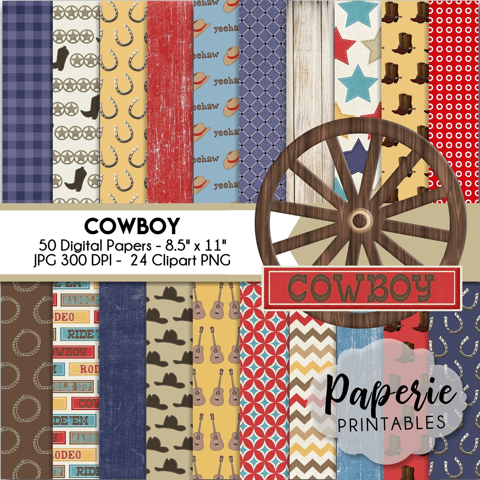 Cowboy Scrapbook Paper: 50 Digital Papers & 25 Clipart (8.5"x11") - Etsy