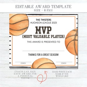Editable Basketball Award Certificates: Team Awards (DIY With Corjl) - Etsy