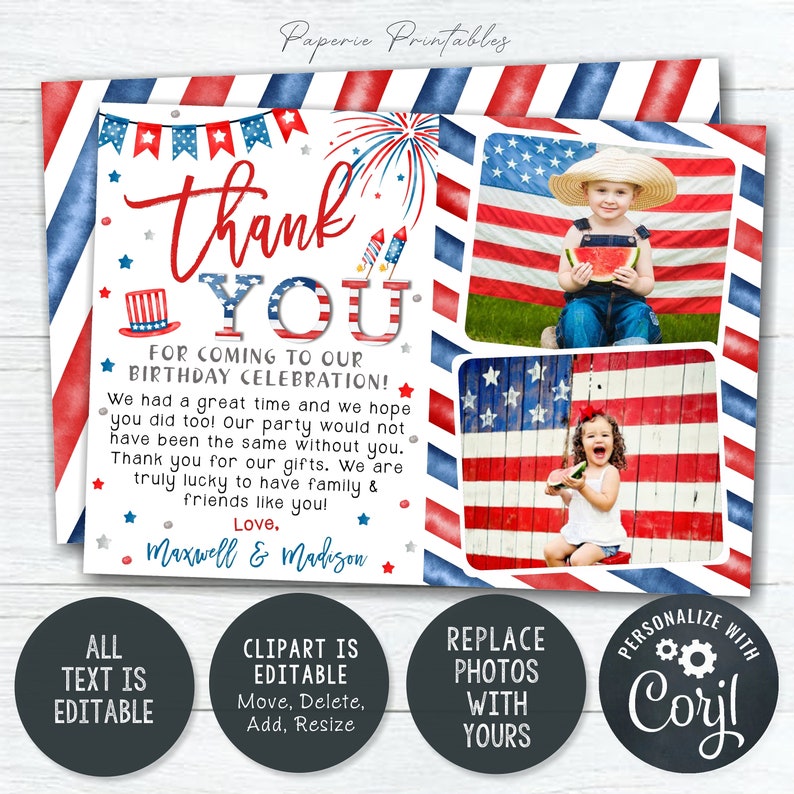 EDITABLE 4th of July Birthday Thank You Card Patriotic Thank | Etsy