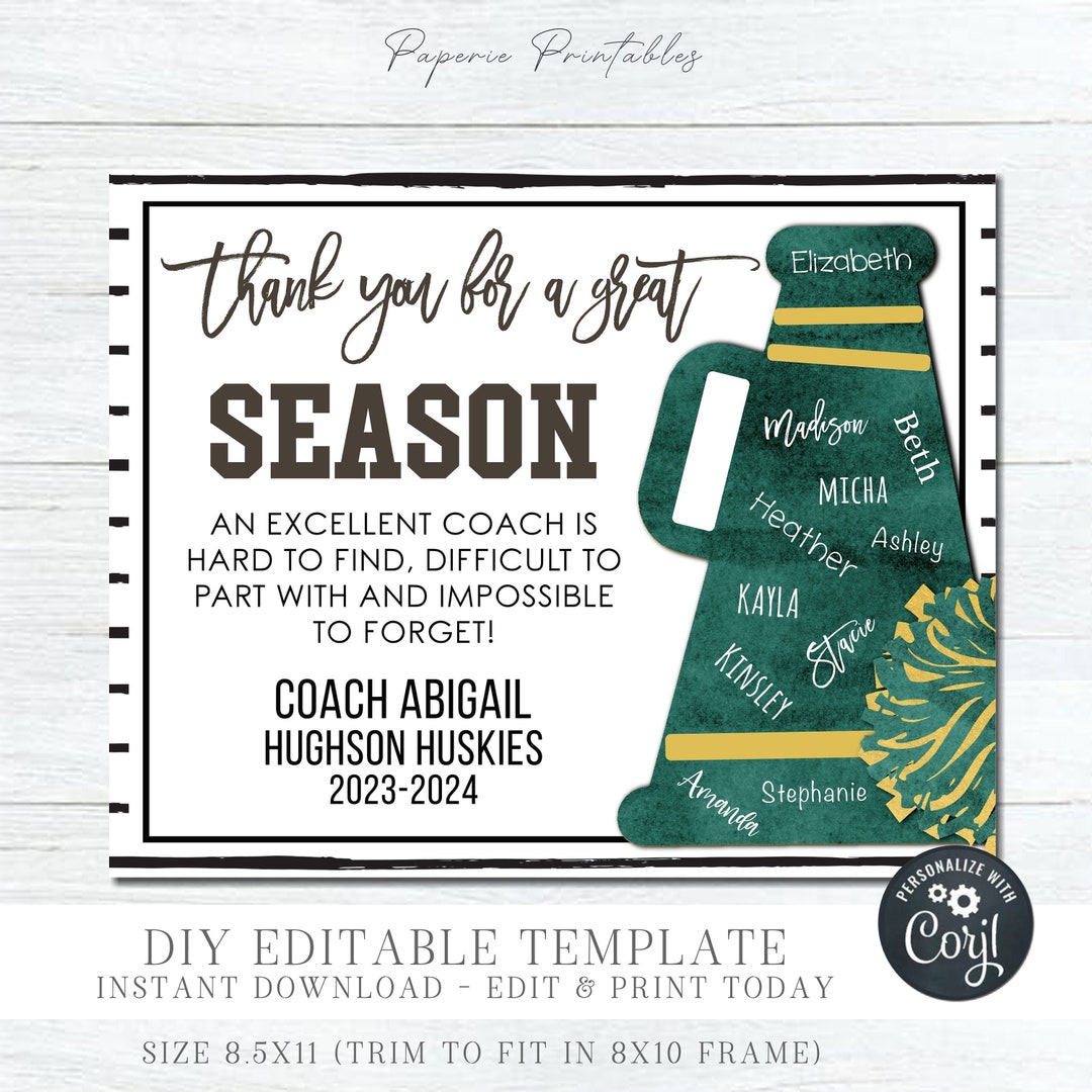 Cheerleading Coach Gift Printable: Editable Team Appreciation (digital ...