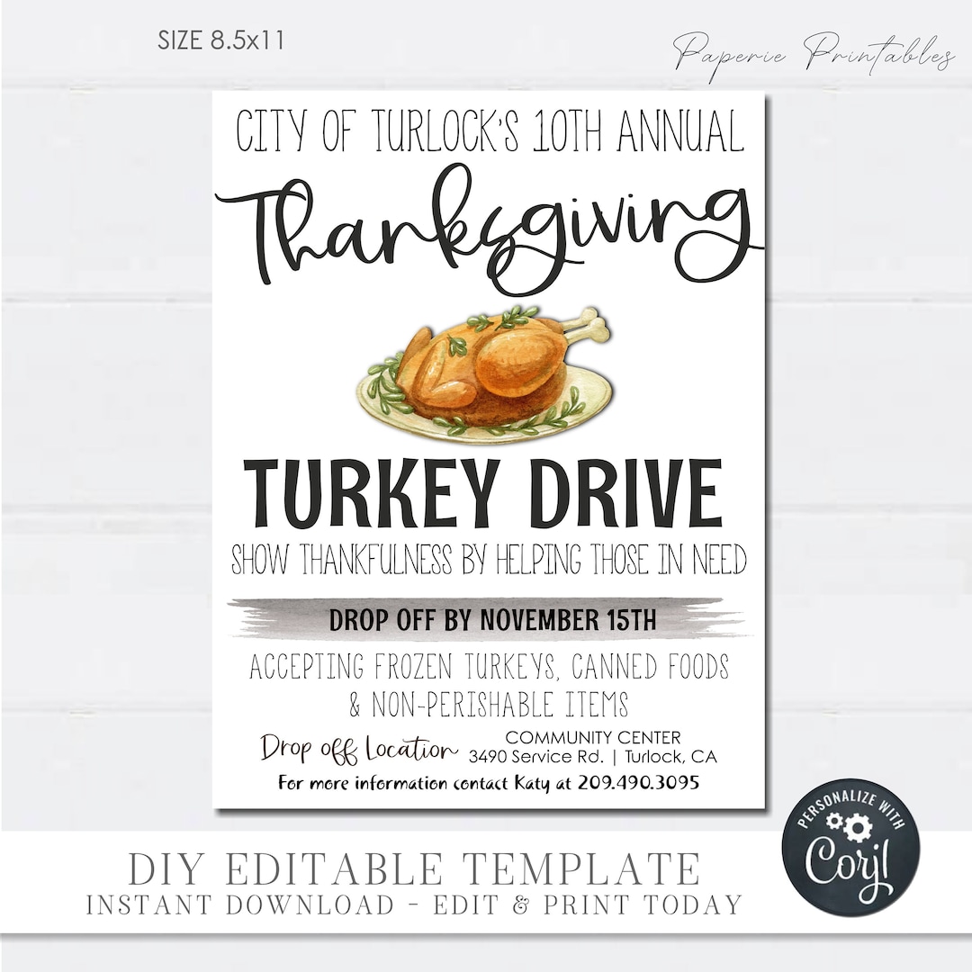EDITABLE Thanksgiving Turkey Drive Flyer, Food Drive Flyer, Community Thanksgiving Turkey Drive ...