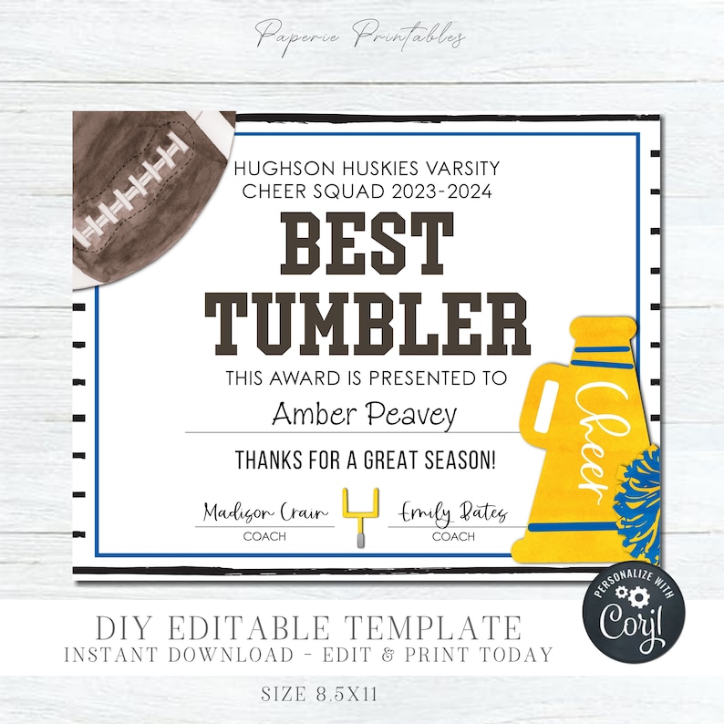 Editable Cheerleading Award Certificate: Yellow & Blue Team (DIY Corjl ...