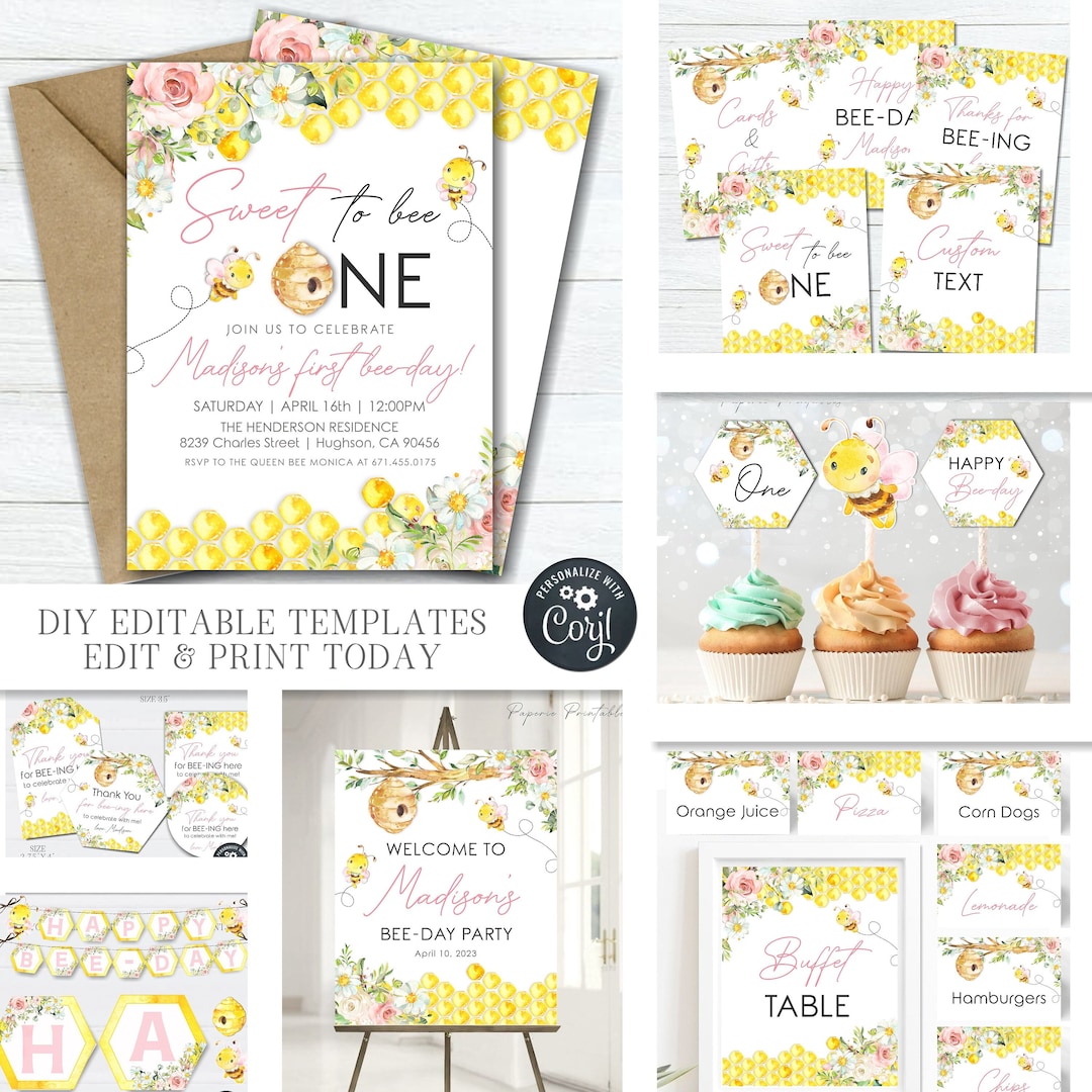 EDITABLE First Bee-day Birthday Decorations, Bee Birthday Party ...