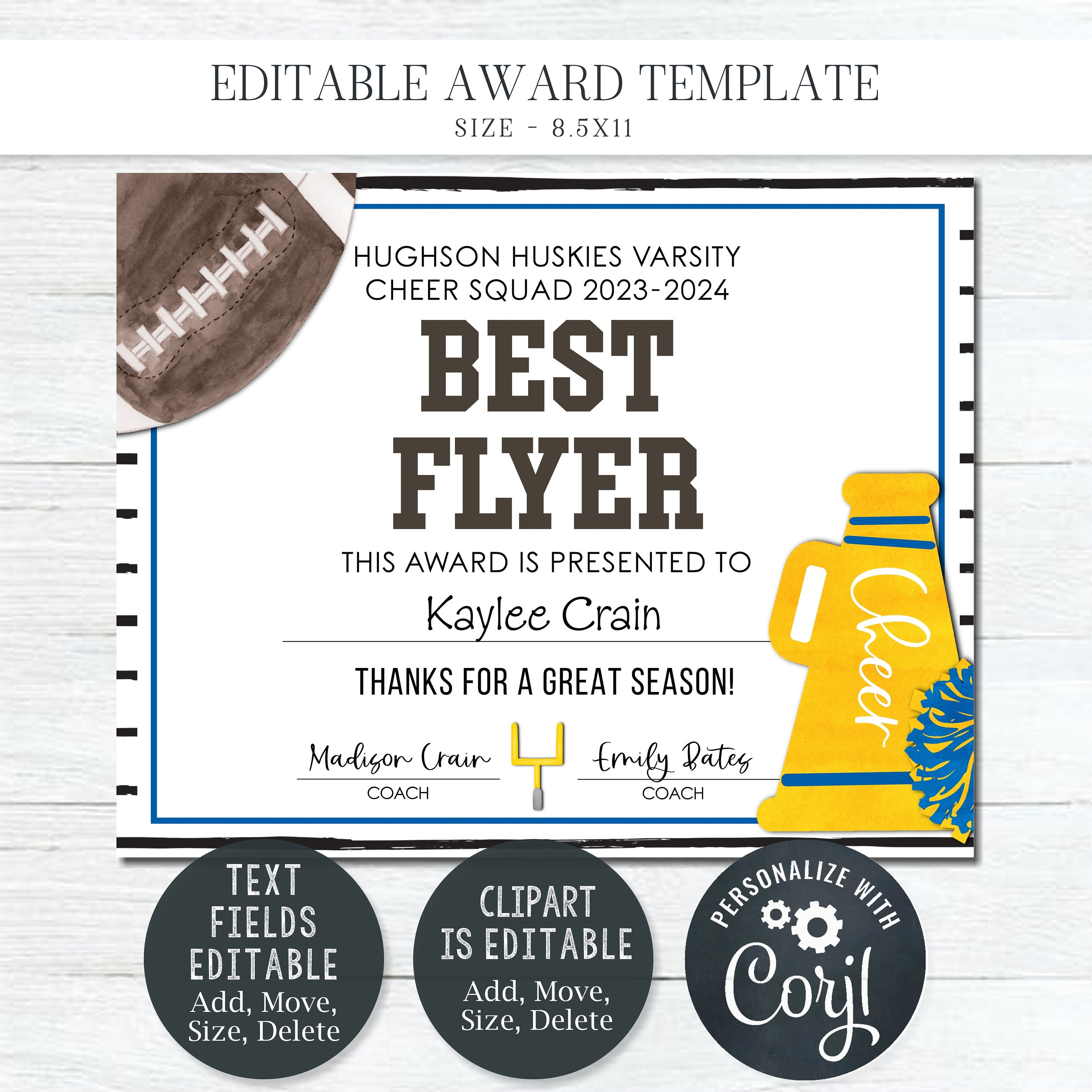 Editable Cheerleading Award Certificate: Yellow & Blue Team (DIY Corjl ...