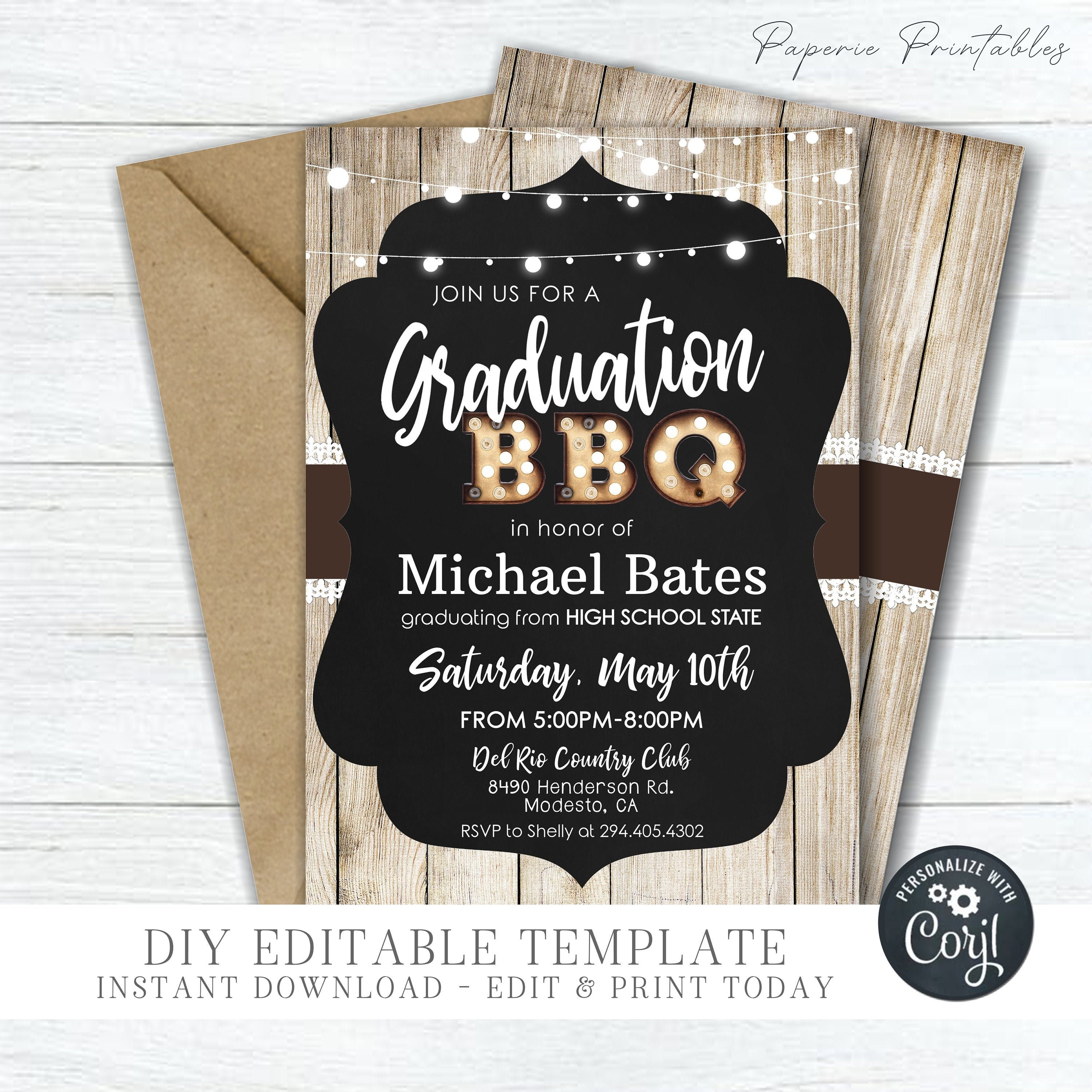 Editable Graduation BBQ Invitation: Country Style (DIY Corjl Template ...