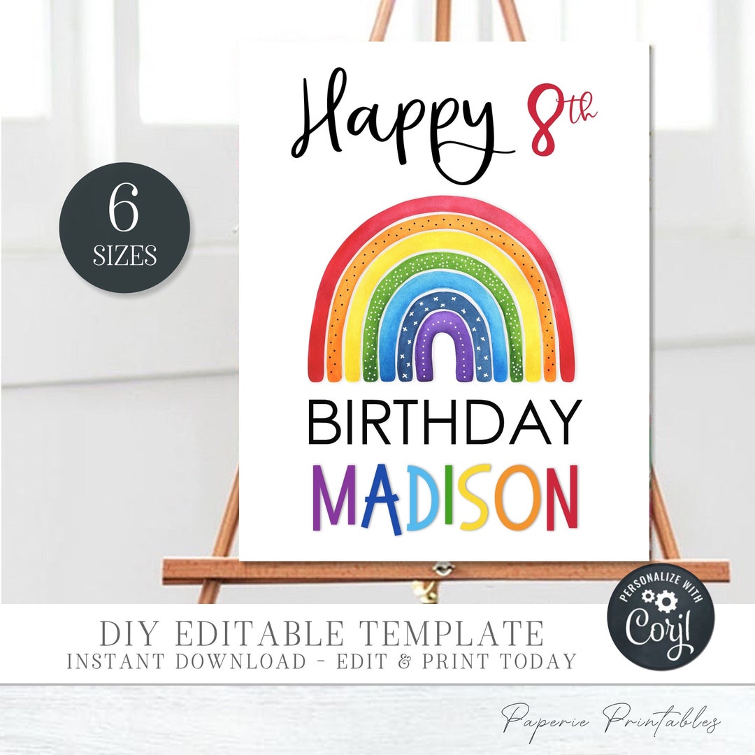 Editable Rainbow Happy Birthday Sign, Rainbow Party Decoration, Rainbow ...