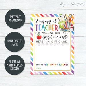 EDITABLE First Day of School Teacher Gift Card Holder, Teacher 1st Day ...