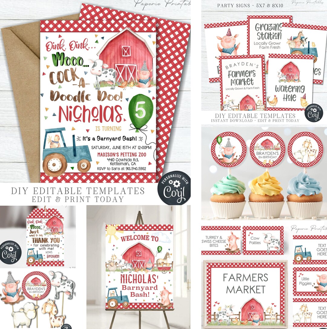 Editable Farm Birthday Party Bundle: Barnyard Decor (DIY Corjl Template ...