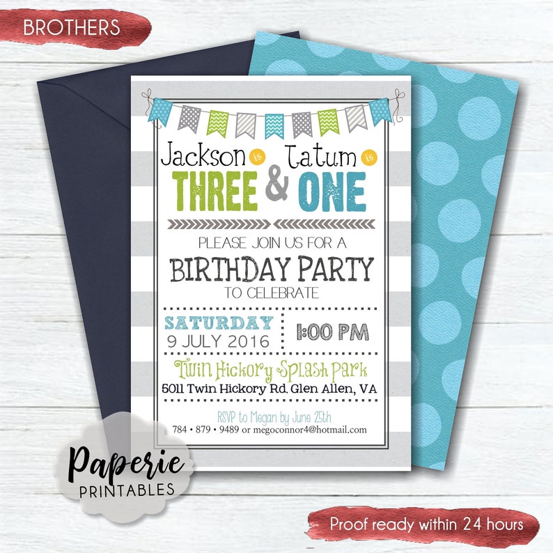 Brothers Birthday Party Invitation Siblings Joint Birthday | Etsy