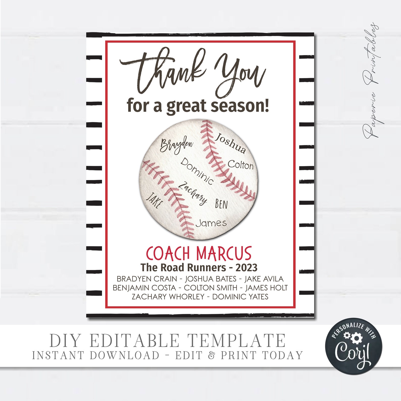 Editable Baseball Coach Gift Printable: Team Appreciation (DIY Corjl ...