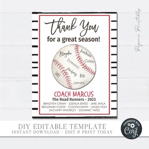 Editable Baseball Coach Gift Printable: Team Appreciation (DIY Corjl ...