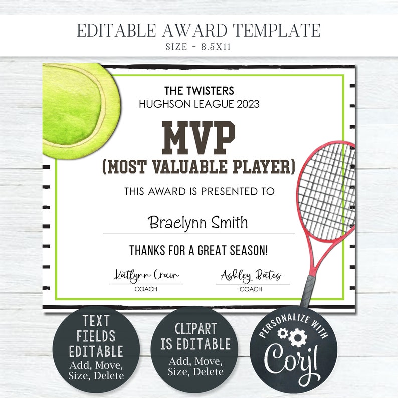 Editable Tennis Award Certificates: End of Season Team Awards (DIY W ...