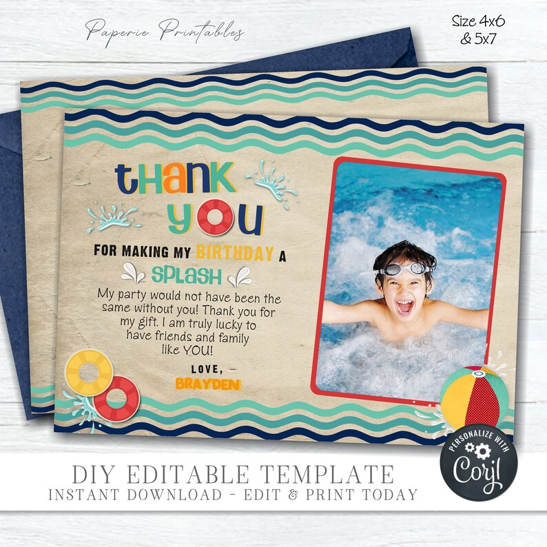 EDITABLE Boy Pool Party Birthday Thank You Card Pool Party - Etsy