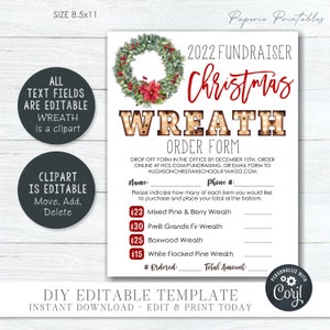 EDITABLE Christmas Wreath Fundraising Order Form, Wreath Sale Order ...