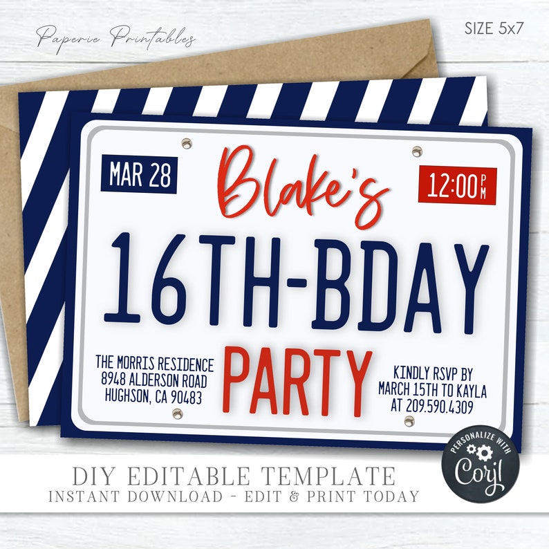 License Plate 16th Birthday Invitation: Editable DIY Template (5x7) # ...