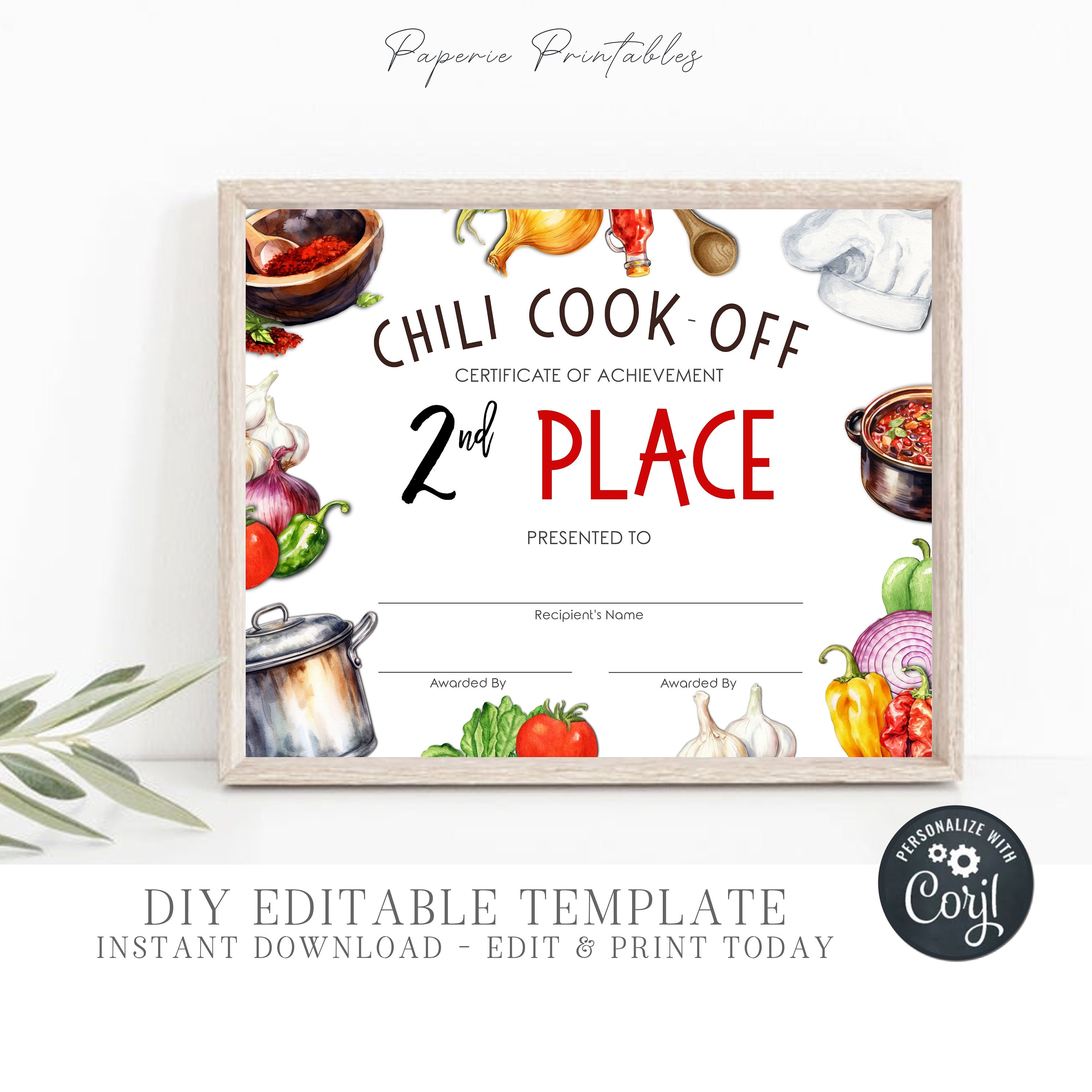 Chili Cook-off Award Certificate: Editable DIY Printable (corjl) # ...