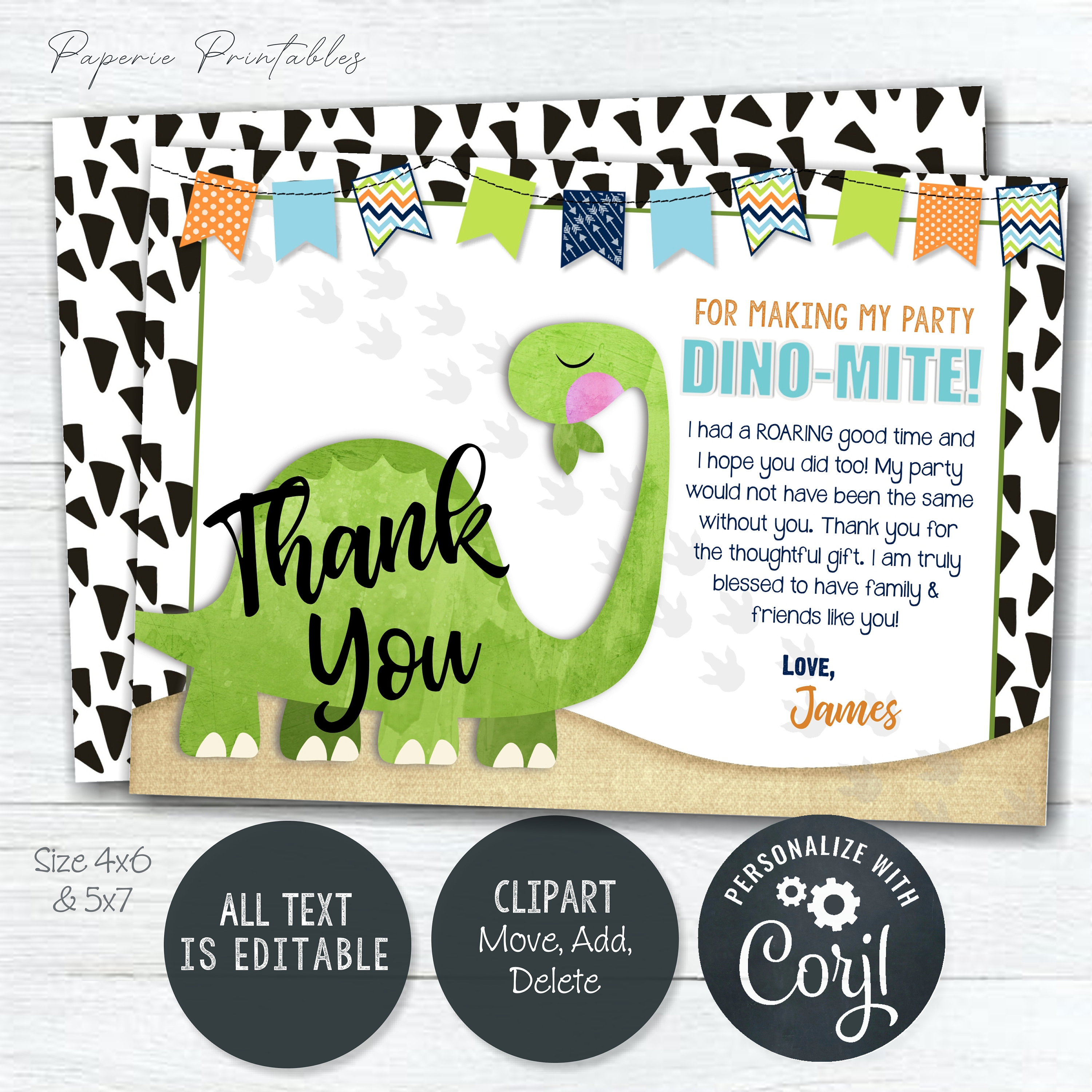 EDITABLE Dinosaur Birthday Thank You Card Dinosaur Thank You - Etsy