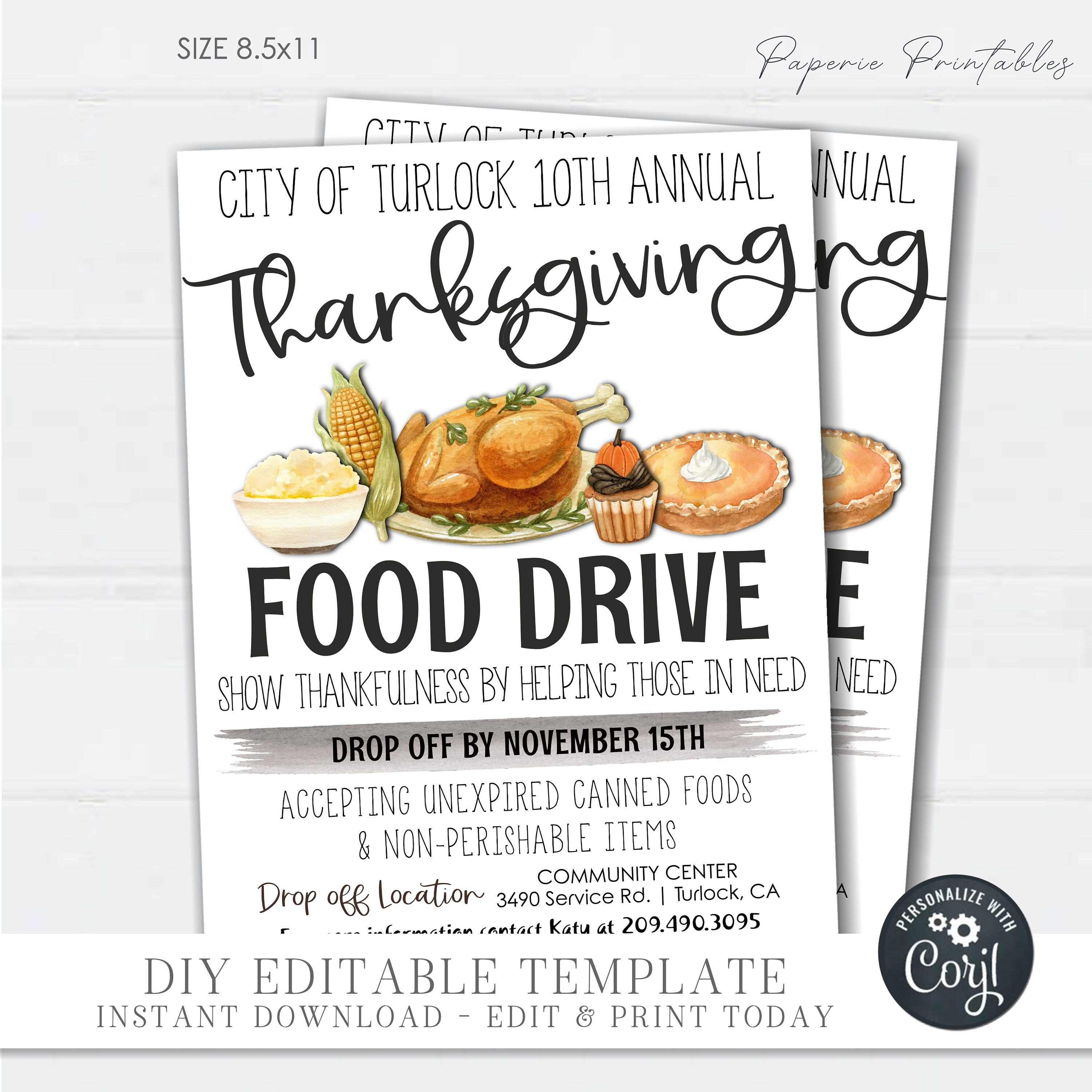 Editable Thanksgiving Food Drive Flyer: Community Event (DIY Corjl ...