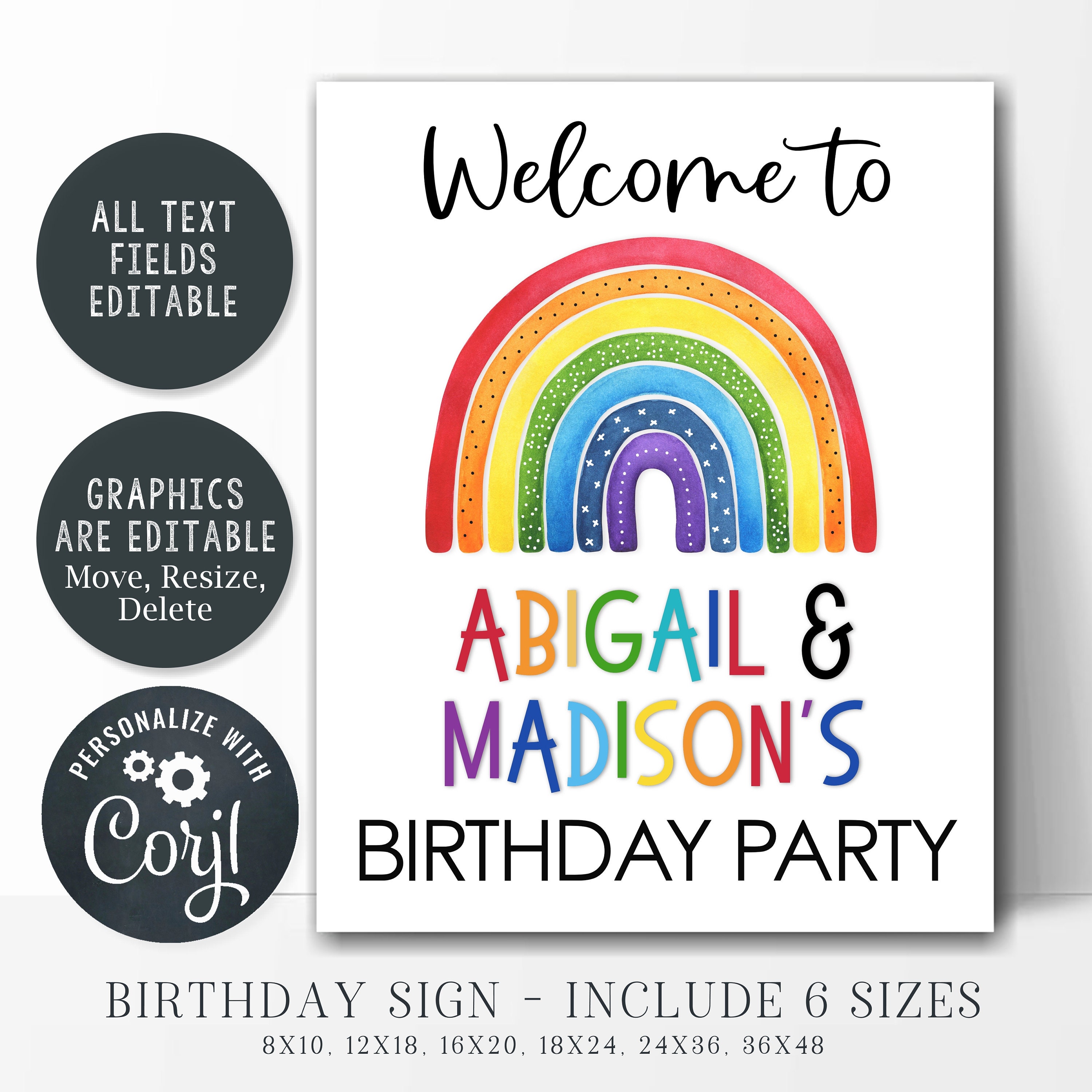 Editable Rainbow Birthday Welcome Sign: DIY Party Decor (corjl) #BP161 ...