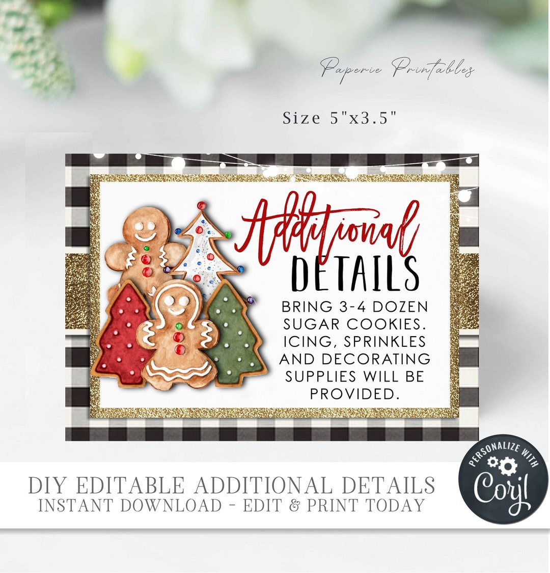 Editable Cookie Decorating Party, Additional Details Cards, Christmas ...