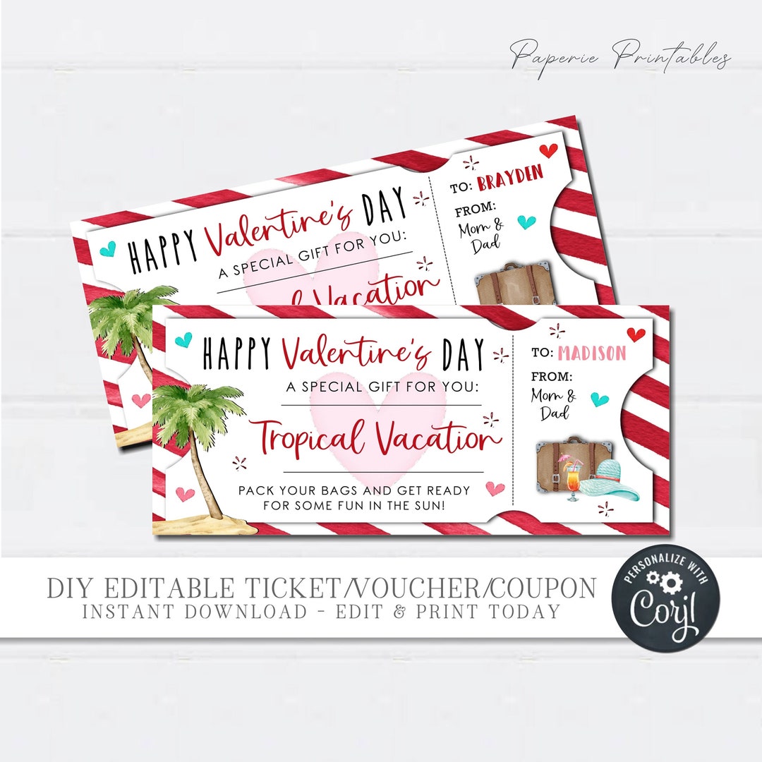 EDITABLE Tropical Vacation Gift Voucher, Valentine Gift Coupon ...